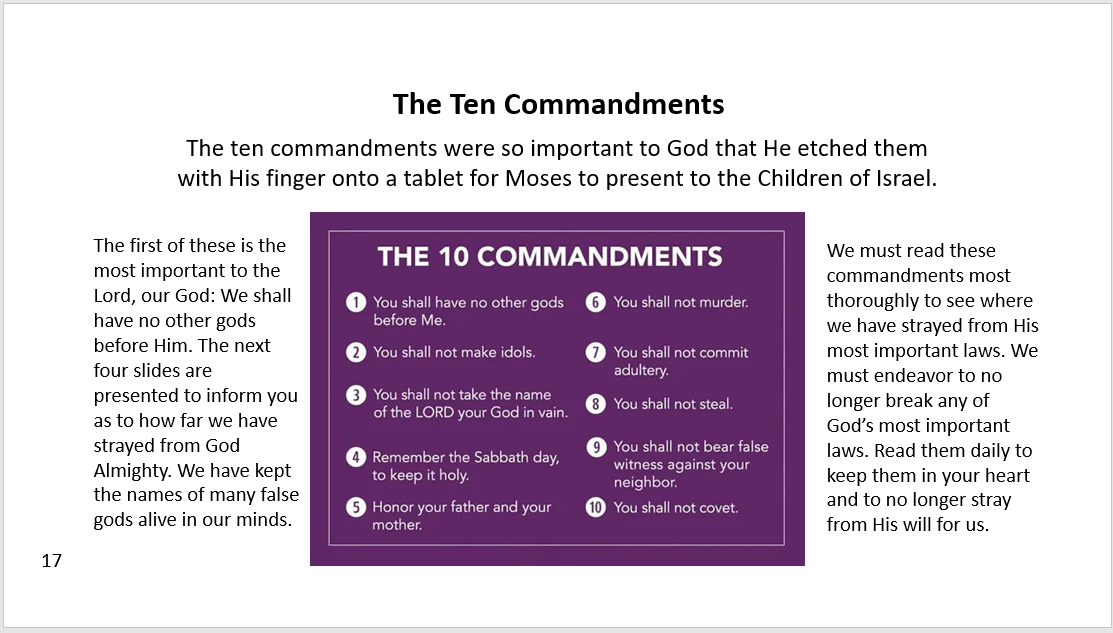 Slide 17 The Ten Commandments.